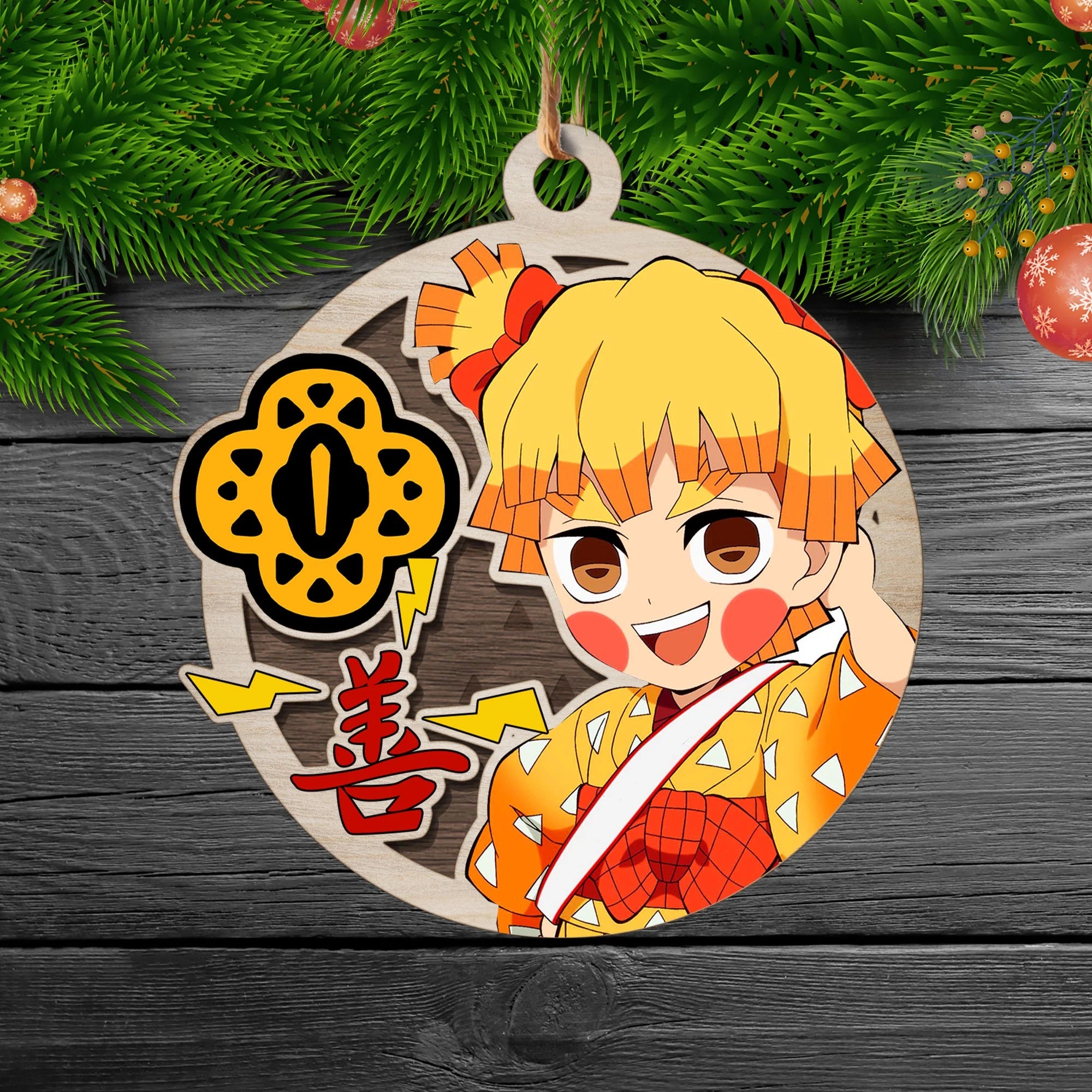Demon Slayer Zenitsu Agatsuma Christmas Double Layered Colored Wood Or