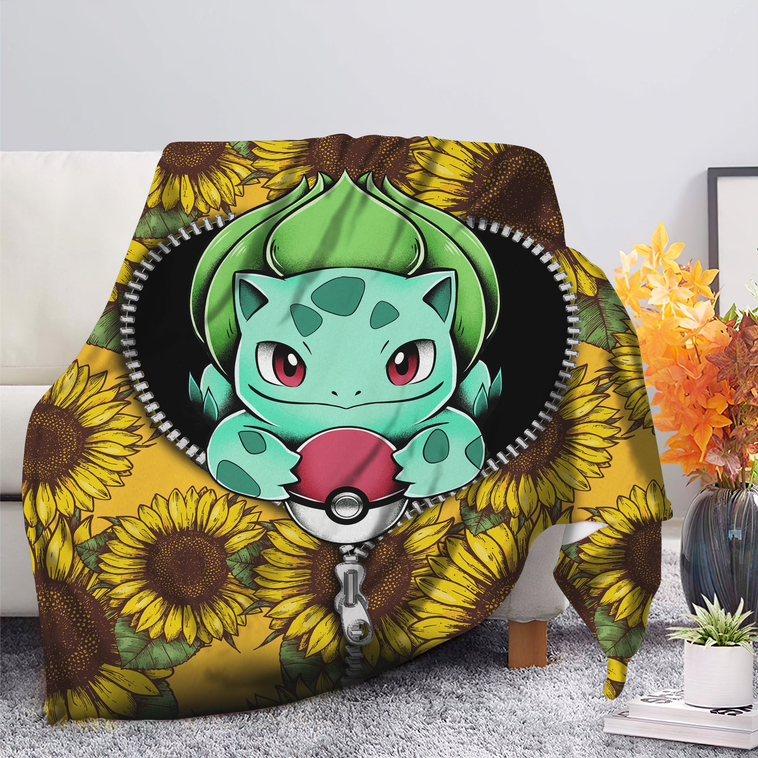 Bulbasaur Sunflower Zipper Premium Blanket