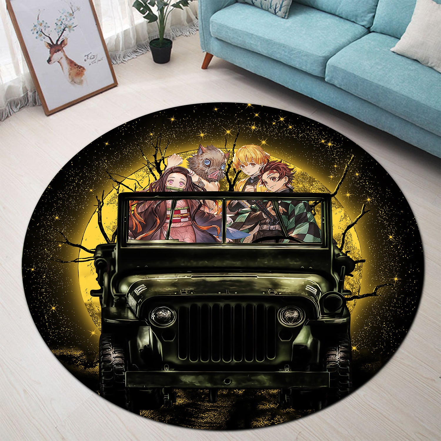 Demon Slayer Anime Jeep Moonlight Halloween Round Rug