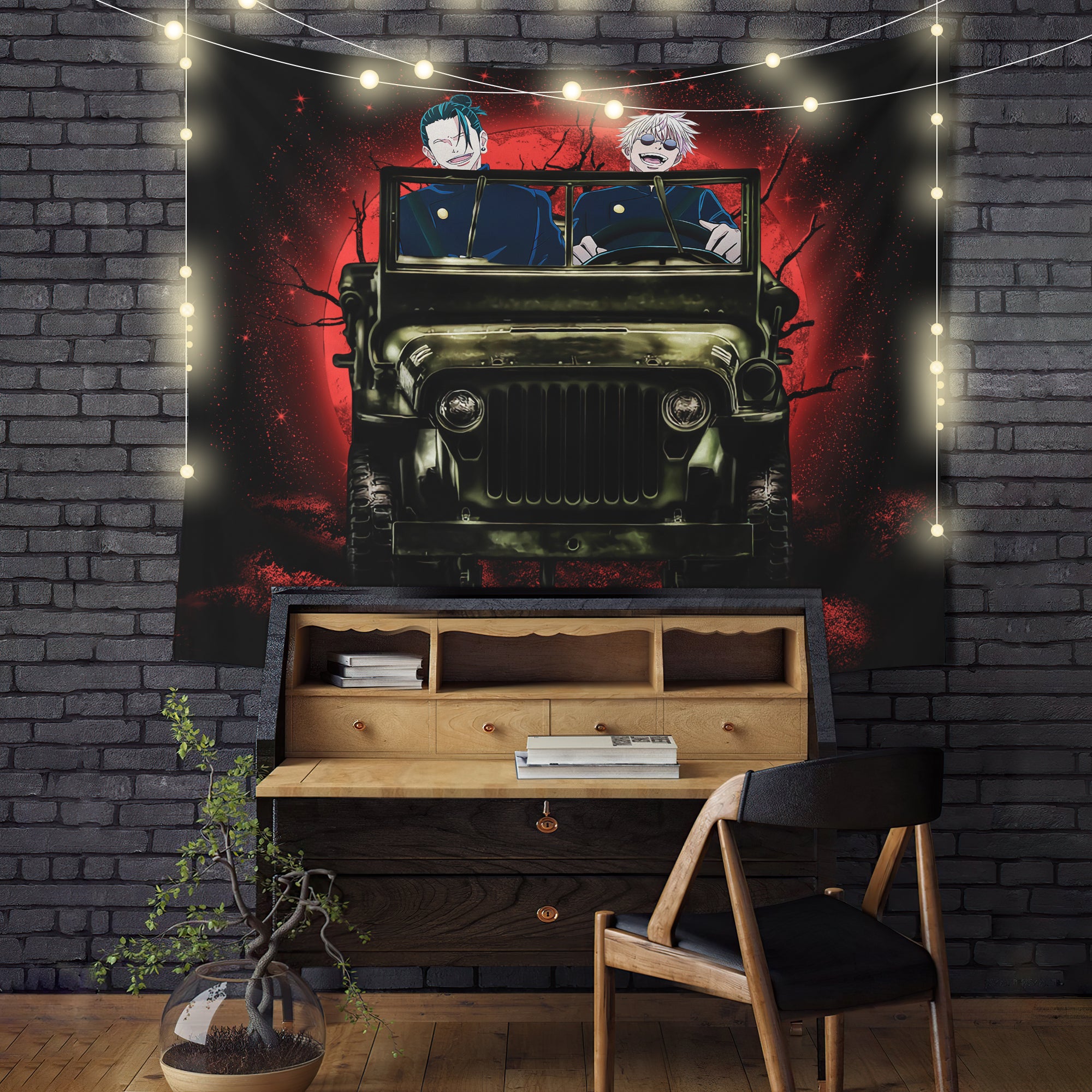 Gojo Geto Jujutsu Kaisen Ride Jeep Moonlight Halloween Funny Tapestry
