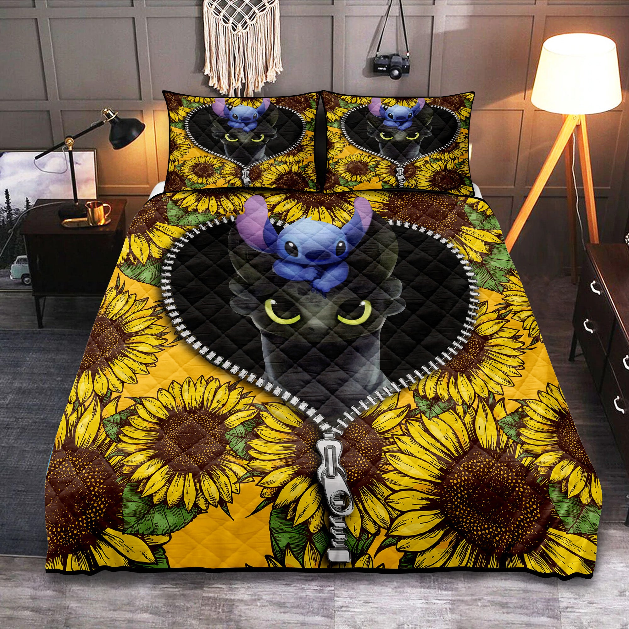Toothless And Stitch Sunflower Zipper Quilt Bed Sets