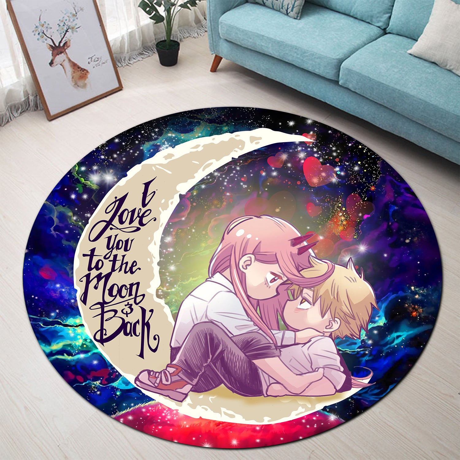 Chainsaw Man Denji x Power Love You To The Moon Galaxy Round Rug