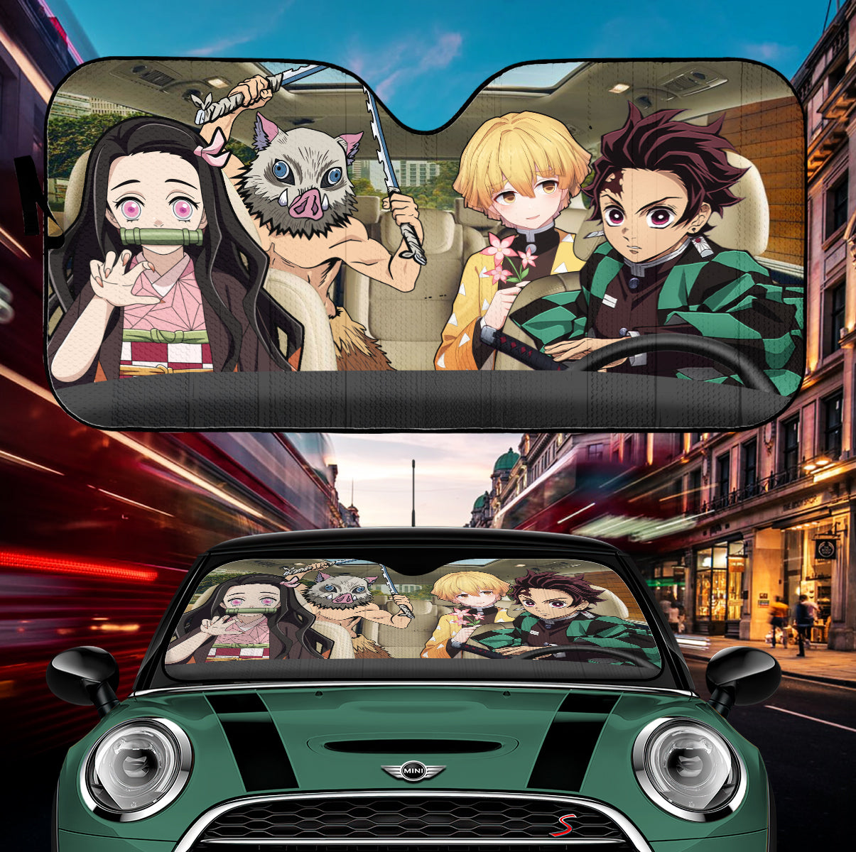 Tanjiro Nezuko Zenitsu Inosuke Demon Slayer Anime Driving Car Auto Sun