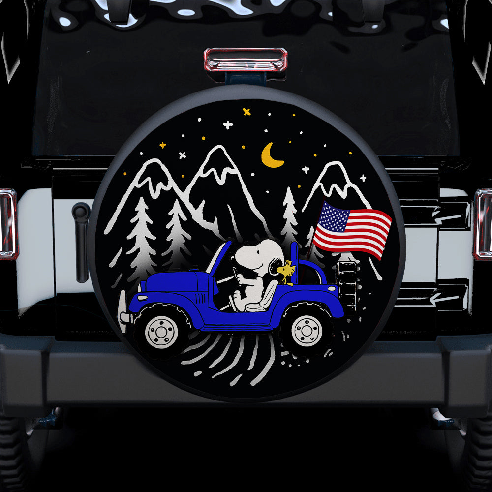 Snoopy Blue Jeep US Flag Mountain Car Spare Tire Covers Gift For Campe
