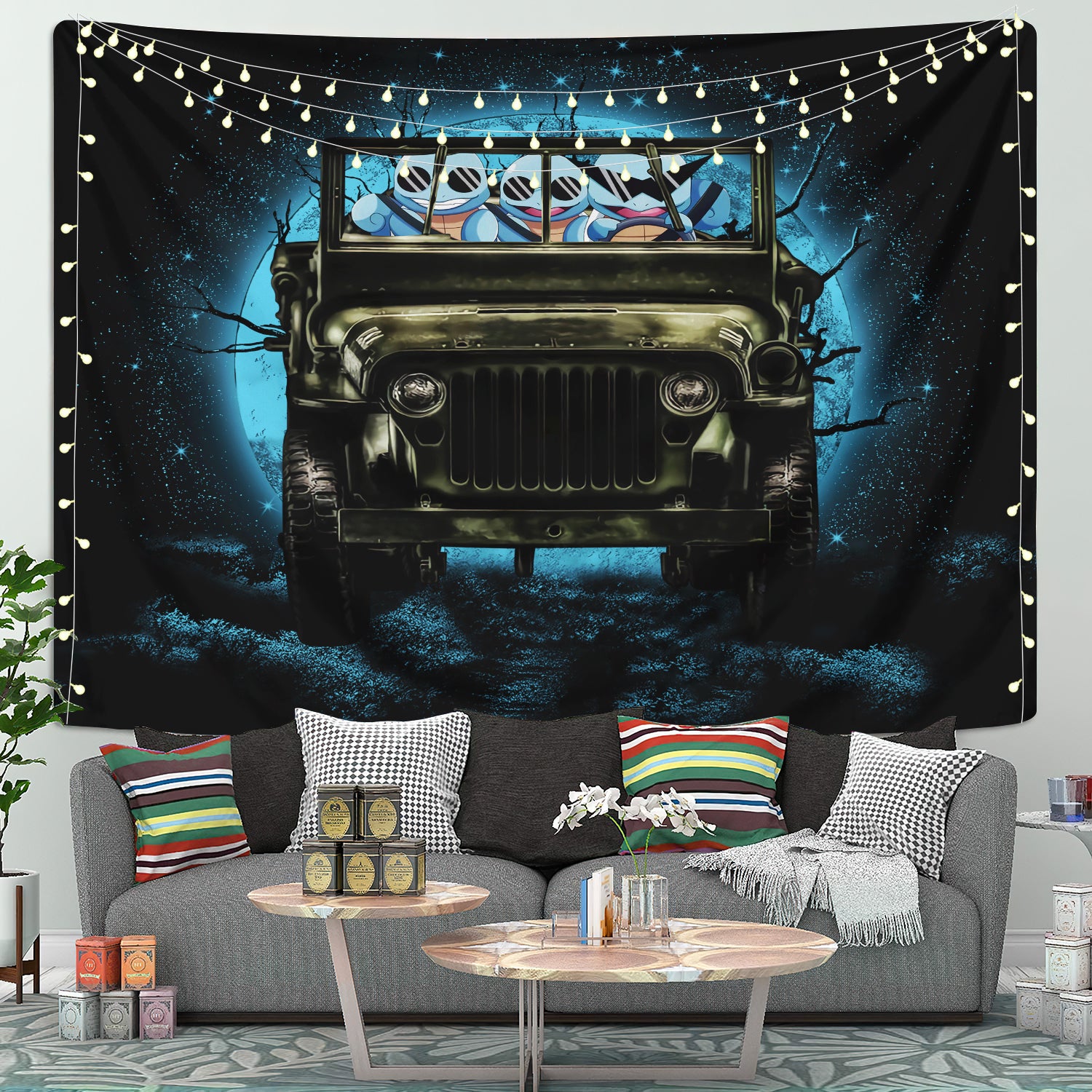 Squirtle Gangster Moonlight Halloween Jeep Funny Tapestry Room Decor